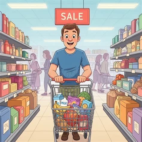 Animated Illustration Of A Young Man Grocery Shopping In A Supermarket