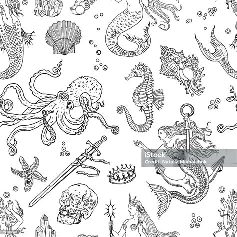 빈티지 판타지 항해 원활한 패턴 인 어 수 중 보물 문 어 쉘 불가사리 앵커 익사 칼 크라운 해골 크리스탈 해 마 레트로 문신