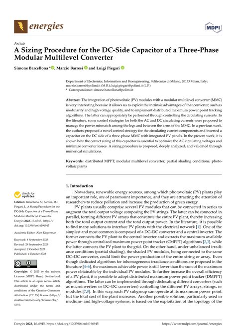 Pdf A Sizing Procedure For The Dc Side Capacitor Of A Three Phase Modular Multilevel Converter