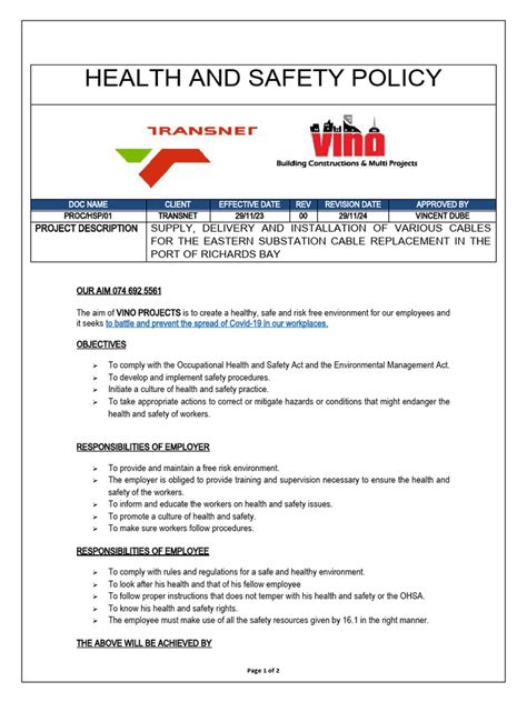 She Policy Signed By Ceo Pdf Occupational Safety And Health Safety