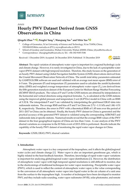 Pdf Hourly Pwv Dataset Derived From Gnss Observations In China