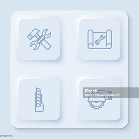 세트 라인 망치와 렌치 그래프 종이 문구 칼 및 전기 원형 톱 흰색 정사각형 버튼 벡터 Rotary International에