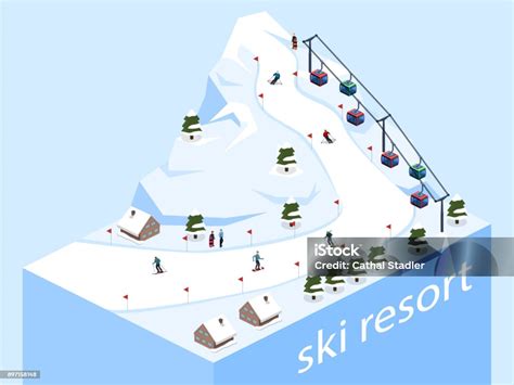 아이소메트릭 3d 벡터 일러스트 레이 션 스키 리조트 산에 케이블카 스키타기에 대한 스톡 벡터 아트 및 기타 이미지 스키타기 스키 등측투영법 Istock