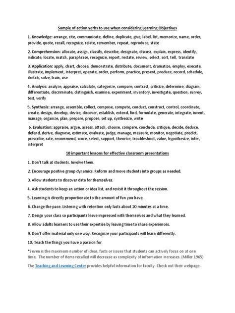Action Verbs For Learning Objectives Pdf Learning Information