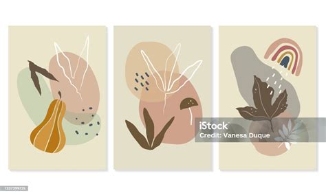 추상적인 스타일로 수확 시즌 엽서 가을 시즌에 영감을 받은 최소한의 스타일의 아트 포스터 디자인 아트 프린트 그림 세트 비오는 날 호박 버섯 잎 화려하고 벡터화 벽화에 대한