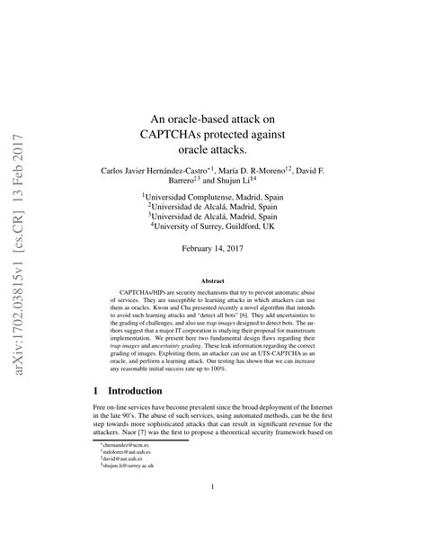 Pdf An Oracle Based Attack On Captchas Protected Against Oracle Attacks