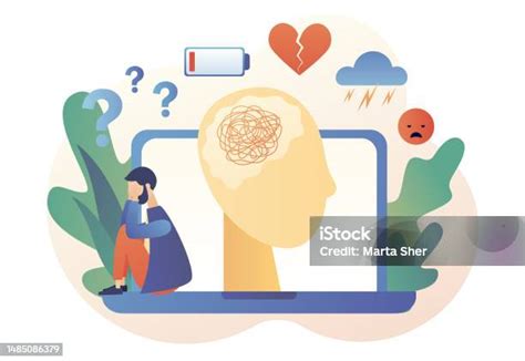 노트북에 앉아 있는 우울한 남자 우울증 정신적 정신 건강 및 심리 치료 개념입니다 불안 스트레스 정서적 소진 및 기타 심리적 문제 현대 평면 만화 스타일입니다 벡터 강박