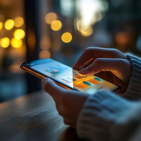 Hand Holding Smartphone Displaying Colorful Graphs And Data Visualizations With Blurry Lights In