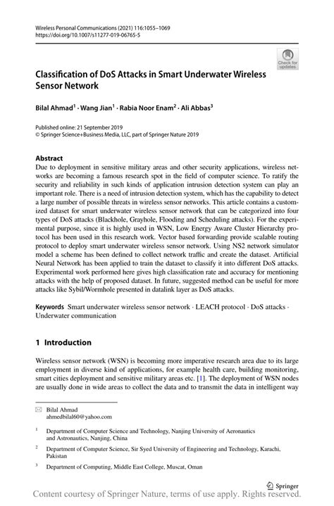 Classification Of Dos Attacks In Smart Underwater Wireless Sensor