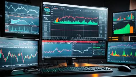 High Tech Trading Workstation With Multiple Monitors Stock Image