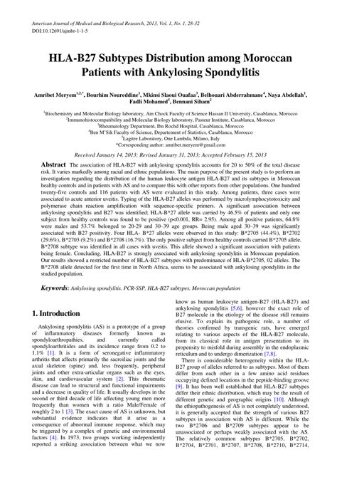 Pdf Hla B27 Subtypes Distribution Among Moroccan Patients With Ankylosing Spondylitis