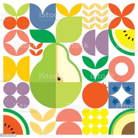 기하학적 여름 신선한 과일 컷 작품 포스터 화려한 간단한 모양 스칸디나비아 스타일의 플랫 추상 벡터 패턴 디자인 흰색 배경에