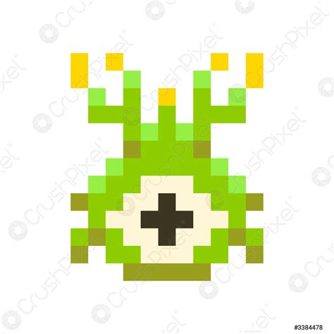 Cute Green Space Invader Monster Game Enemy In Pixel Art Stock