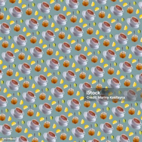 차 레몬과 라임 조각 부드러운 녹색 배경에 젤리 항아리와 컵의 원활한 패턴 사진 콜라주 팝 아트 엽서 직물에 인쇄 포장 0명에