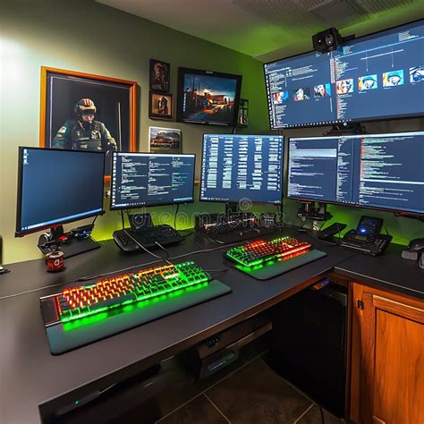 A Computer Workstation With Four Monitors And A Keyboard Stock Image Image Of Keyboard Media