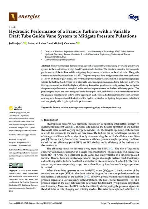 Pdf Hydraulic Performance Of A Francis Turbine With A Variable Draft Tube Guide Vane System To