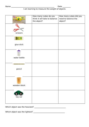 Worksheet Measuring Weight Of Classroom Objects Using Balance Scales And Non Standard Units