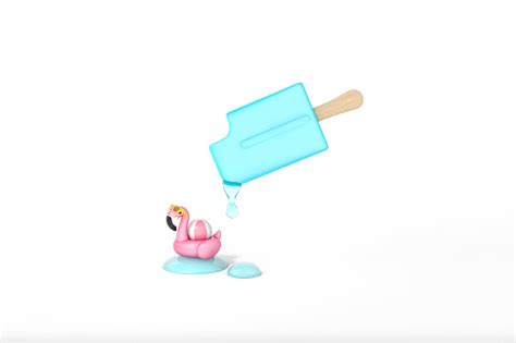 핑크 플라밍고 플로트 흰색 배경 3d 렌더링에 열대 조류 모양 풍선 수영장 링으로 녹는 블루 소다 스틱 아이스크림 3d 일러스트