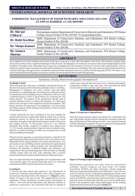 Pdf Endodontic Management Of Tooth With Open Apex Using Mta And An Apical Barrier A Case Report