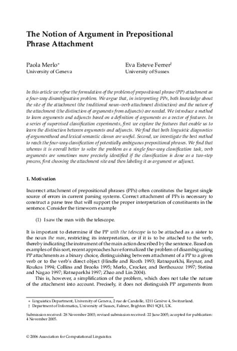Pdf The Notion Of Argument In Prepositional Phrase Attachment