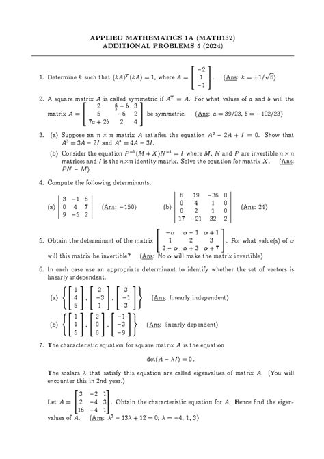 Additional Tutorial Problems 5 2024 Applied Mathematics 1a Math132