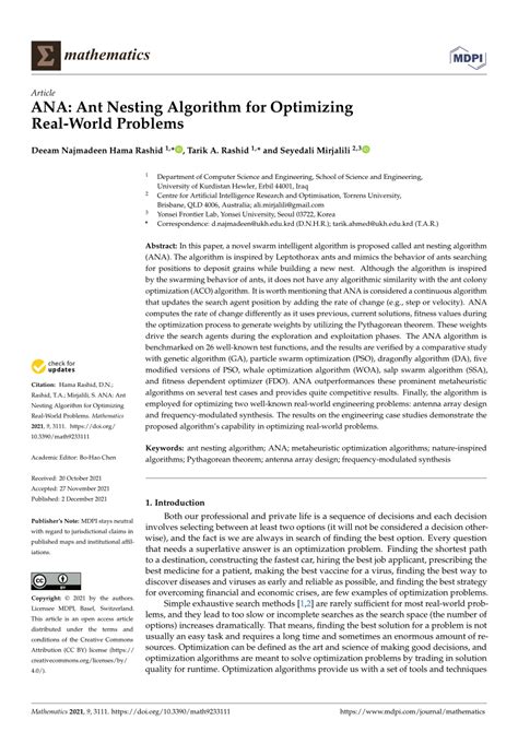 PDF ANA Ant Nesting Algorithm For Optimizing Real World Problems