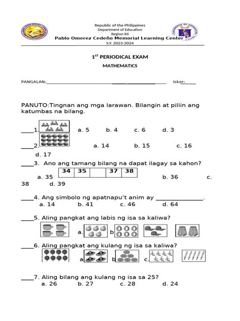 Math 1 Q1 Periodical Test Pdf