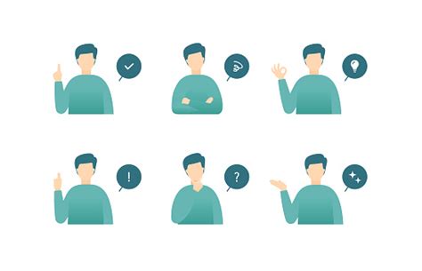 다양한 포즈를 취하는 남자의 일러스트와 그의 감정을 보여주는 풍선 세트 남자에 대한 스톡 벡터 아트 및 기타 이미지 남자 남자 사업가 사업가 Istock
