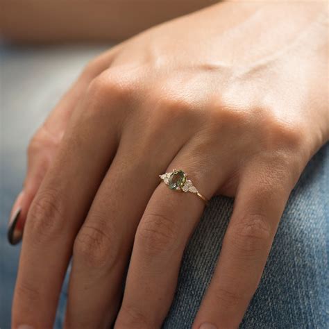 Green Sapphire Engagement Ring 14k 18k Yellow Gold Cluster Ring