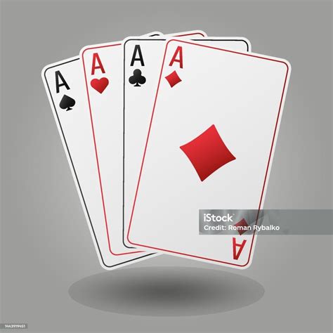 4 개의 검은 색과 빨간색 에이스 오브 스페이드 다이아몬드 클럽 하트로 구성된 카드 놀이의 팬 벡터 그림 포커와 회색 배경에 모든 에이스의 카지노 0명에 대한 스톡 벡터