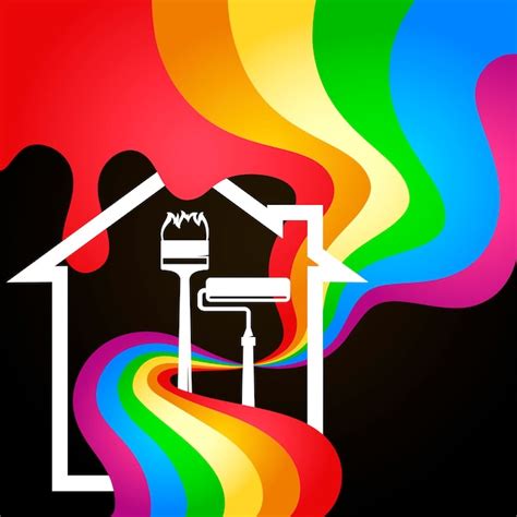 컬러 페인트 브러시 롤러와 집 실루엣의 파도와 방울 프리미엄 벡터