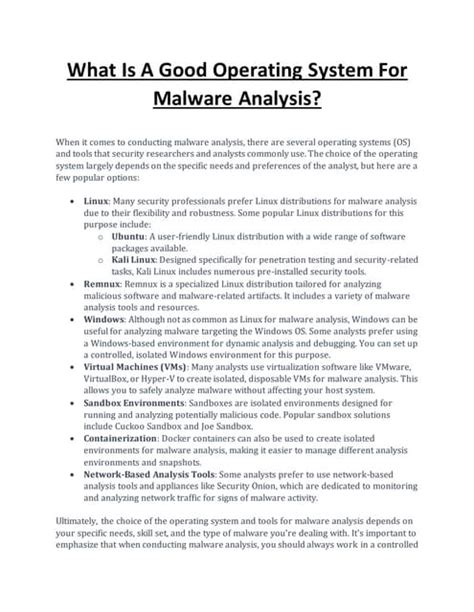 What Is A Good Operating System For Malware Analysispdf Operating Systems Computer Software