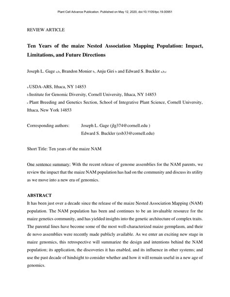 Pdf Ten Years Of The Maize Nested Association Mapping Population Impact Limitations And