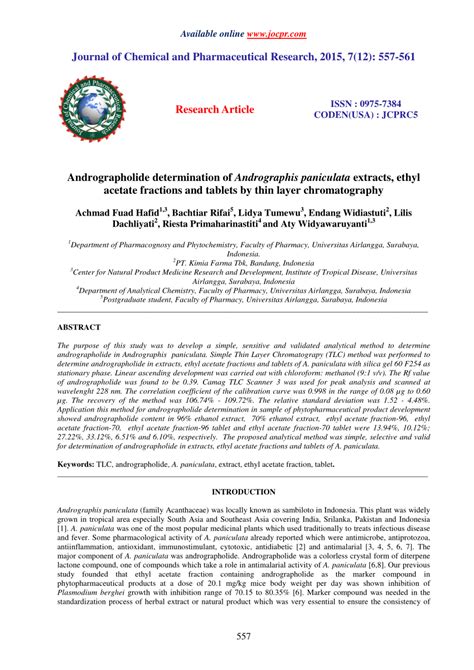 Pdf Andrographolide Determination Of Andrographis Paniculata Extracts Ethyl Acetate Fractions