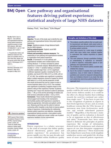 Pdf Care Pathway And Organisational Features Driving Patient Experience Statistical Analysis