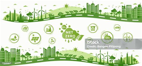 넷 제로와 탄소 중립 개념 온실가스 순배출 제로 목표 기후 중립 장기 전략 녹색 순 제로 아이콘 그리고 세계와 녹색 도시에