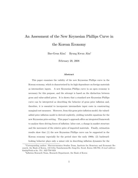 Pdf An Assessment Of The New Keynesian Phillips Curve In The Korean Economy