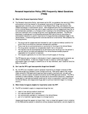 Personal Importation Policy Pip Frequently Asked Questions Faqs Fill Online Printable