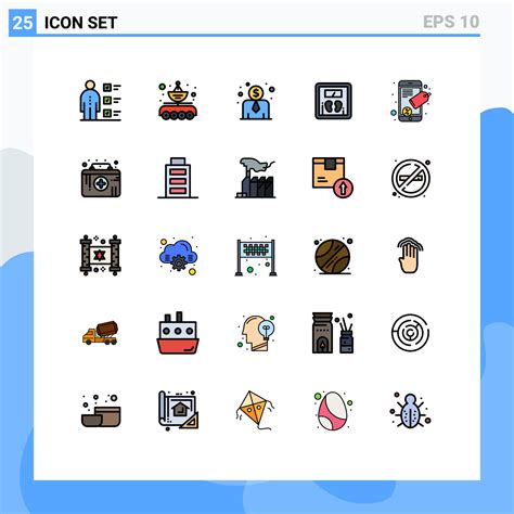 Pictogram Set Of 25 Simple Filled Line Flat Colors Of Mobile Machine Parabola Weight Diet