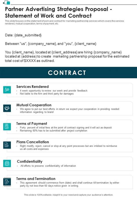 Partner Advertising Strategies Statement Of Work And Contract One Pager Sample Example Document