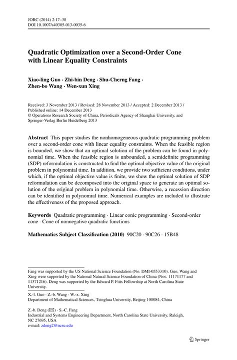 Pdf Quadratic Optimization Over A Second Order Cone With Linear