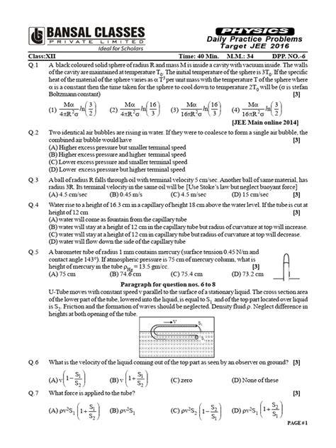 Bansal Classes Physics Dpps Pdf Pressure Liquids