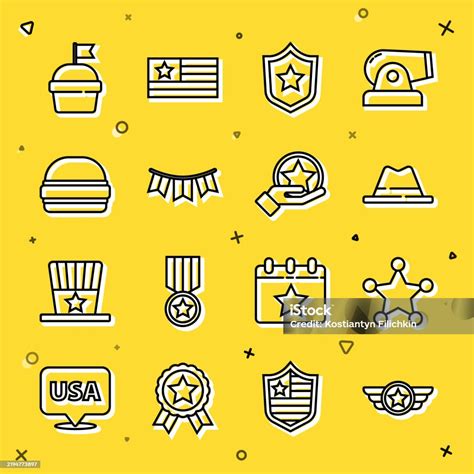 세트 라인 스타 미군 육각형 보안관 리본이 달린 남자 모자 경찰 배지 카니발 화환 깃발 버거 케이크 및 미국 독립 기념일 아이콘 벡터 4에 대한 스톡 벡터 아트 및 기타