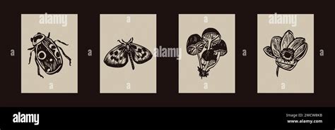 Handmade Linocut Bug Butterfly Motif Clipart In Folkart Scandi Style Set Of Simple Monochrome
