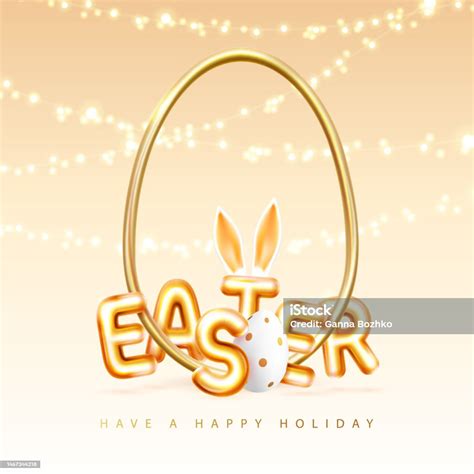황금 부활절 달걀 금속 실루엣과 3d 텍스트가 있는 행복한 부활절 타이포그래피 배경 인사말 카드 또는 포스터 벡터 그림 3월에 대한 스톡 벡터 아트 및 기타 이미지 Istock