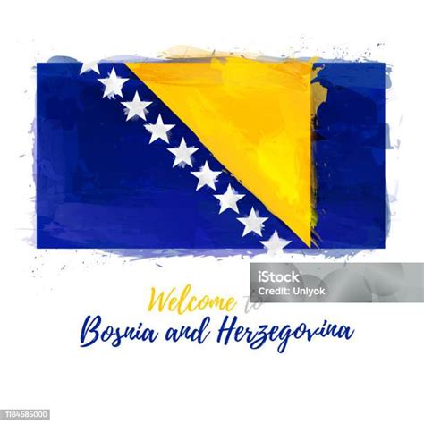 보스니아 헤르체고비나 배너에 오신 것을 환영합니다 수채화 스타일의 Bih 국기 보스니아어 기호 및 인쇄 벡터 일러스트레이션 0명에 대한 스톡 벡터 아트 및 기타 이미지