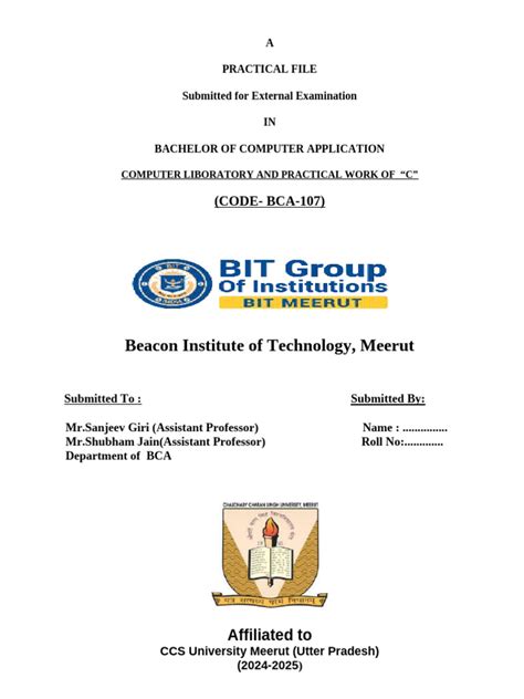 Practical File Bca 107 Front Page And Index Pdf Numbers Mathematics