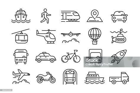 운송 라인 아이콘입니다 자동차 여행 차량 유형 택시와 자전거 공공 버스 자전거와 기차 본체 자동차 트럭 또는 밴 헬리콥터 및