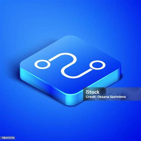 파란색 배경에서 격리된 등각 투영 경로 위치 아이콘입니다 지도 포인터 기호입니다 경로 또는 도로의 개념입니다 Gps 네비게이터 파란색 사각형 버튼입니다 벡터 일러스트레이션