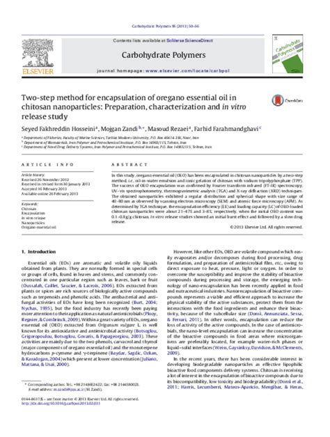 Pdf Two Step Method For Encapsulation Of Oregano Essential Oil In Chitosan Nanoparticles